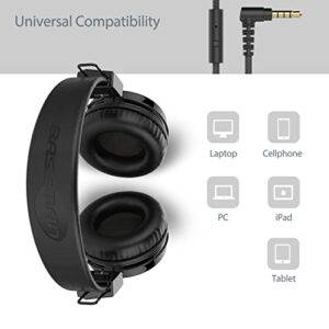 BASEMAN Wired Headphones with Microphone - Foldable Wired On-Ear Headphones for Laptops Computer Cellphone Tablet, Stereo Bass Headsets with 3.5mm Jack No-Tangle Cord for Boys Girls Women Men - Black