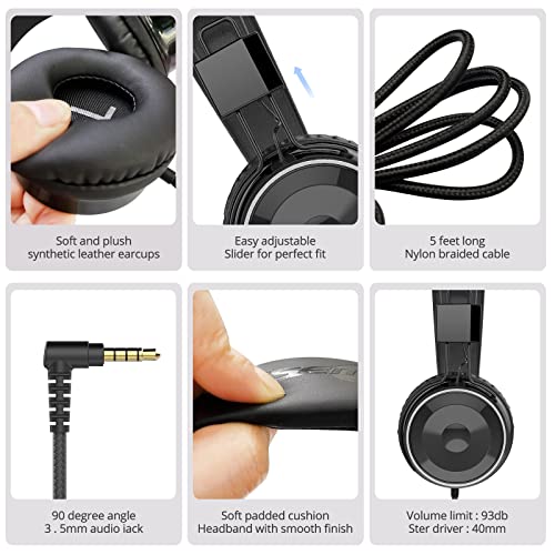 BASEMAN Wired Headphones with Microphone - Foldable Wired On-Ear Headphones for Laptops Computer Cellphone Tablet, Stereo Bass Headsets with 3.5mm Jack No-Tangle Cord for Boys Girls Women Men - Black