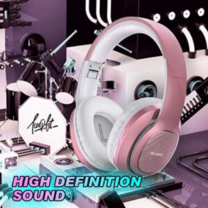 BLARO Bluetooth Headphones Over Ear, Hi-Fi Deep Bass Wireless and Wired Headsets, 72 Hours Playtime, Soft Memory Protein Earmuffs, Foldable Headphones with CVC6.0 Mic-Rose Gold