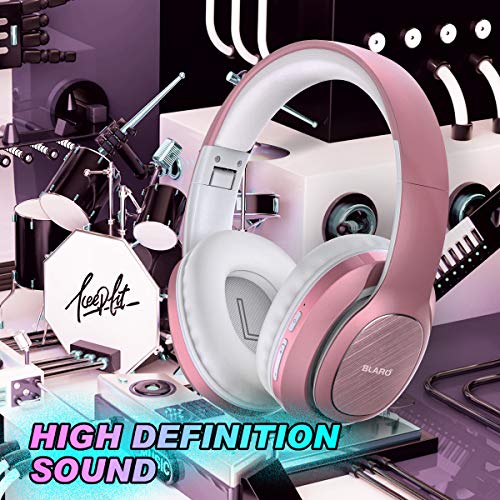 BLARO Bluetooth Headphones Over Ear, Hi-Fi Deep Bass Wireless and Wired Headsets, 72 Hours Playtime, Soft Memory Protein Earmuffs, Foldable Headphones with CVC6.0 Mic-Rose Gold