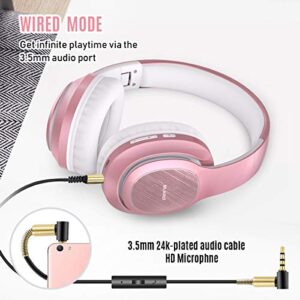 BLARO Bluetooth Headphones Over Ear, Hi-Fi Deep Bass Wireless and Wired Headsets, 72 Hours Playtime, Soft Memory Protein Earmuffs, Foldable Headphones with CVC6.0 Mic-Rose Gold