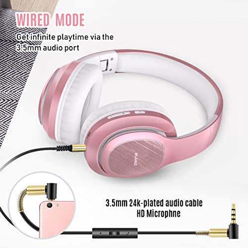 BLARO Bluetooth Headphones Over Ear, Hi-Fi Deep Bass Wireless and Wired Headsets, 72 Hours Playtime, Soft Memory Protein Earmuffs, Foldable Headphones with CVC6.0 Mic-Rose Gold