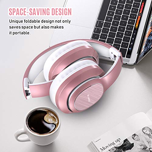 BLARO Bluetooth Headphones Over Ear, Hi-Fi Deep Bass Wireless and Wired Headsets, 72 Hours Playtime, Soft Memory Protein Earmuffs, Foldable Headphones with CVC6.0 Mic-Rose Gold