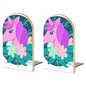 pack of 2 bookend unicorn flower leaf non-slip book stand wooden bookshelf books holder for home desk office library