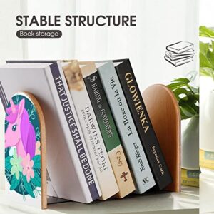 Pack of 2 Bookend Unicorn Flower Leaf Non-Slip Book Stand Wooden Bookshelf Books Holder for Home Desk Office Library