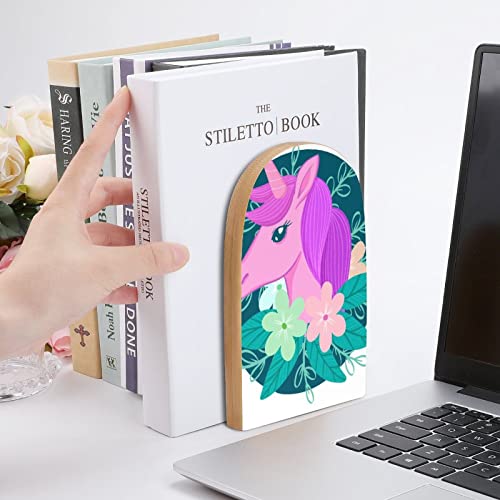 Pack of 2 Bookend Unicorn Flower Leaf Non-Slip Book Stand Wooden Bookshelf Books Holder for Home Desk Office Library