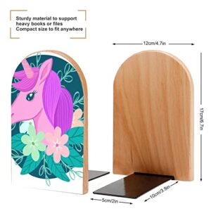 Pack of 2 Bookend Unicorn Flower Leaf Non-Slip Book Stand Wooden Bookshelf Books Holder for Home Desk Office Library