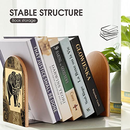 Pack of 2 Bookend Elephants Non-Slip Book Stand Wooden Bookshelf Books Holder for Home Desk Office Library