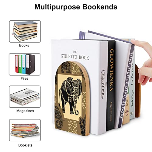 Pack of 2 Bookend Elephants Non-Slip Book Stand Wooden Bookshelf Books Holder for Home Desk Office Library