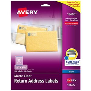 Avery Printable Return Address Labels with Sure Feed, 2/3" x 1-3/4", Matte Clear, 600 Blank Mailing Labels (18695)