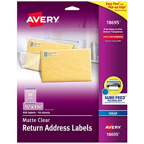 Avery Printable Return Address Labels with Sure Feed, 2/3" x 1-3/4", Matte Clear, 600 Blank Mailing Labels (18695)