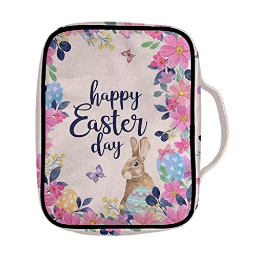 Drydeepin Happy Easter Day Cute Rabbit Bunny Print Bible Gift Bible Covers for Kids Lightweight Bible Carrying Case with Zipper Bible Bag and Totes Bible Study Supplies