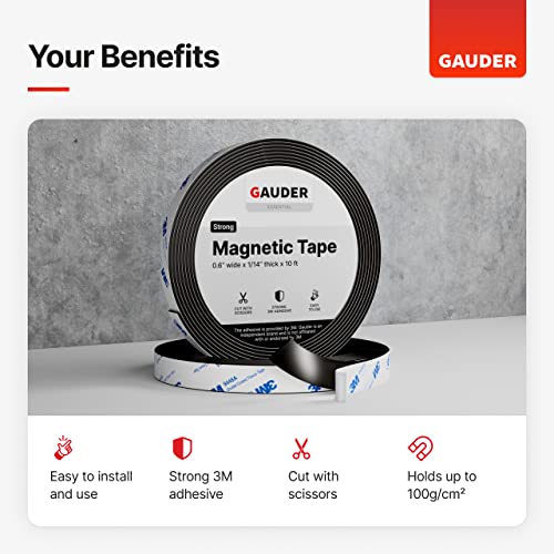 GAUDER Strong Magnetic Tape Self Adhesive (10 Feet Long x 0.6 Inch Wide) | Magnetic Strips with Adhesive Backing | Magnet Roll