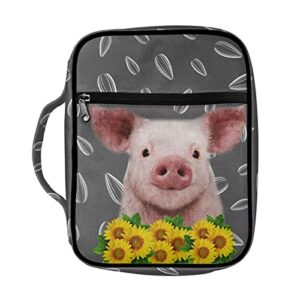 drydeepin yellow sunflower cute pig print women bible covers large bible tote handbags with zippered bible study supplies lightweight church carrying bag,grey