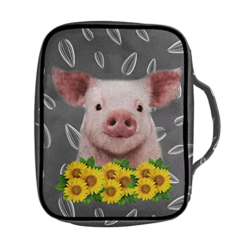 Drydeepin Yellow Sunflower Cute Pig Print Women Bible Covers Large Bible Tote Handbags with Zippered Bible Study Supplies Lightweight Church Carrying Bag,Grey