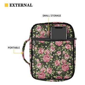 Drydeepin Pink Red Rose Floral Pattern Large Bible Cover for Women Lightweight Bible Tote Handbag with Zipper Bible Carrying Case Book Protector Bible Accessories