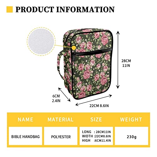 Drydeepin Pink Red Rose Floral Pattern Large Bible Cover for Women Lightweight Bible Tote Handbag with Zipper Bible Carrying Case Book Protector Bible Accessories