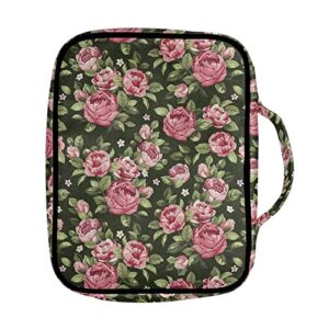 Drydeepin Pink Red Rose Floral Pattern Large Bible Cover for Women Lightweight Bible Tote Handbag with Zipper Bible Carrying Case Book Protector Bible Accessories