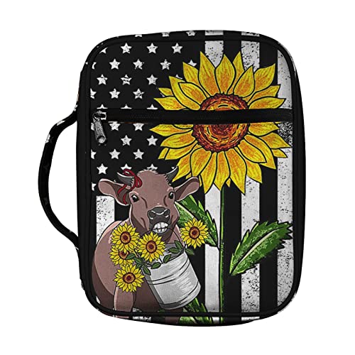 SCRAWLGOD American Flag Sunflower Cow Print Bible Cover Carrying Book Case for Women Girls Bible Bag Bible Protective with Handle and Zippered Pocket