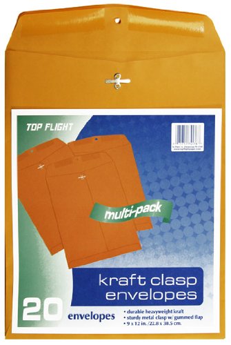 Top Flight Clasp Envelopes, Gummed and Clasped Closure, 9 x 12 Inches, Brown Kraft, 20 Envelopes per Pack (6911117)