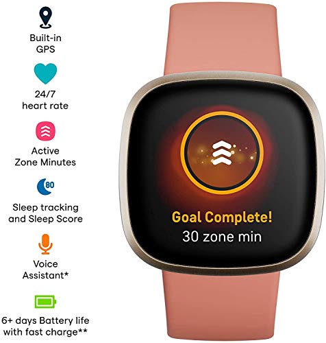 Fitbit Versa 3 Health & Fitness Smartwatch with GPS, 24/7 Heart Rate, Alexa Built-in, 6+ Days Battery, Pink/Gold, One Size (S & L Bands Included)