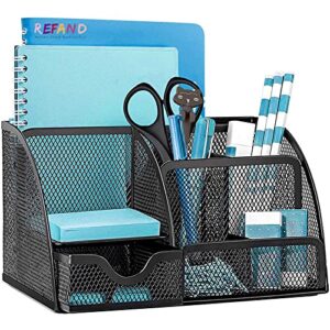 mesh desk organizer, refand desktop office supplies multi-functional caddy pen holder stationery with 6 compartments and 1 drawer for office, home, school, classroom