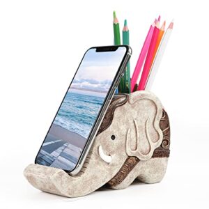 mokani pen pencil holder with phone stand, multifunctional elephant shaped desk organizer desk decor elephant gifts for women cute desk accessories home office decoration thanksgiving christmas gift