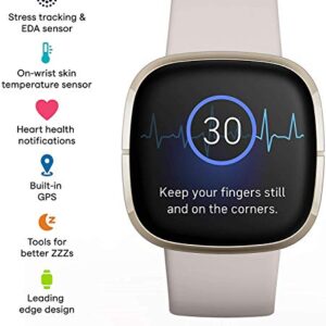 Fitbit Sense Health & Fitness Smartwatch W/ GPS, Bluetooth Call/Text, Heart Rate SpO2, ECG, Skin Temperature & Stress Sensing (S & L Bands, 90 Day Premium Included) International Version (White/Gold)