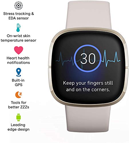 Fitbit Sense Health & Fitness Smartwatch W/ GPS, Bluetooth Call/Text, Heart Rate SpO2, ECG, Skin Temperature & Stress Sensing (S & L Bands, 90 Day Premium Included) International Version (White/Gold)