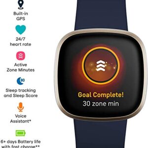 Fitbit Versa 3 Health & Fitness Smartwatch W/ Bluetooth Calls/Texts, Fast Charging, GPS, Heart Rate SpO2, 6+ Days Battery (S & L Bands, 90 Day Premium Included) International Version (Blue/Gold)