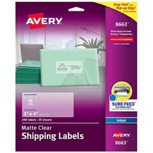 avery printable shipping labels with sure feed, 2″ x 4″, matte clear, 250 blank mailing labels (8663)