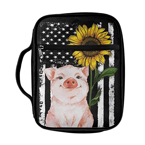 Pzuqiu Cute Pig Sunflower American Flag Bible Cover with Handles,Zipper Bible Carrying Case Patriotic Bible Bag for Women and Men