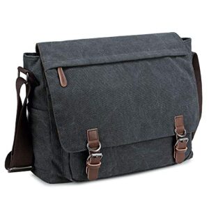 messenger bag for men and women, retro canvas shoulder bag satchel for college fit 15.6 inch laptop (black)