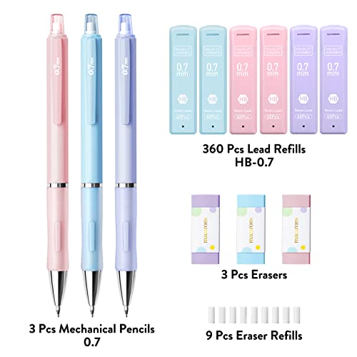 Four Candies Pastel Mechanical Pencil Set - 3PCS 0.7mm Mechanical Pencils with 360PCS HB Lead Refills, 3PCS Erasers and 9PCS Eraser Refills, Cute Colored Mechanical Pencils for Drawing & Writing