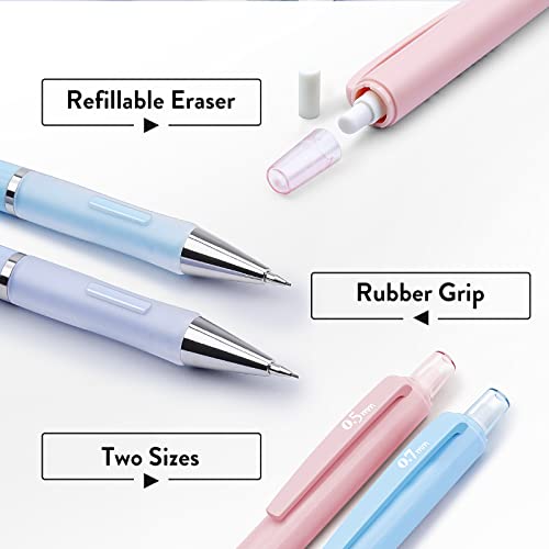 Four Candies Pastel Mechanical Pencil Set - 3PCS 0.7mm Mechanical Pencils with 360PCS HB Lead Refills, 3PCS Erasers and 9PCS Eraser Refills, Cute Colored Mechanical Pencils for Drawing & Writing