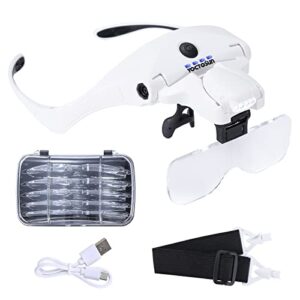 yoctosun magnifying glasses with 4 led lights, headband magnifier with 5 detachable lenses 1x, 1.5x, 2x, 2.5x 3.5x -rechargeable hands free lighted head magnifier glass for crafts, cross stitch, hobby