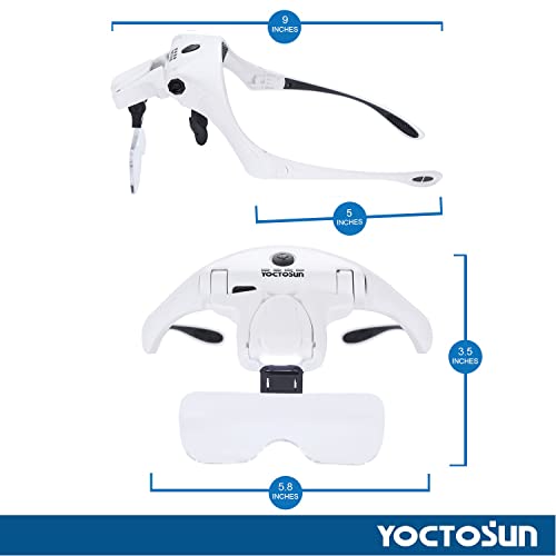 YOCTOSUN Magnifying Glasses with 4 LED Lights, Headband Magnifier with 5 Detachable Lenses 1X, 1.5X, 2X, 2.5X 3.5X -Rechargeable Hands Free Lighted Head Magnifier Glass for Crafts, Cross Stitch, Hobby