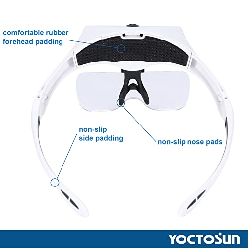 YOCTOSUN Magnifying Glasses with 4 LED Lights, Headband Magnifier with 5 Detachable Lenses 1X, 1.5X, 2X, 2.5X 3.5X -Rechargeable Hands Free Lighted Head Magnifier Glass for Crafts, Cross Stitch, Hobby