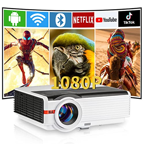 Bluetooth HD 1080P Video Projector 9000Lumen High Brightness Smart Android Home Theater System 200" Display Wireless TV Projectors for Mobile Phones Laptop, USB HDMI VGA 10W Speaker