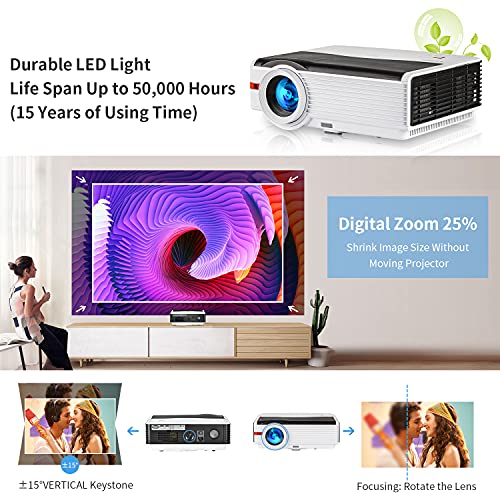 Bluetooth HD 1080P Video Projector 9000Lumen High Brightness Smart Android Home Theater System 200" Display Wireless TV Projectors for Mobile Phones Laptop, USB HDMI VGA 10W Speaker