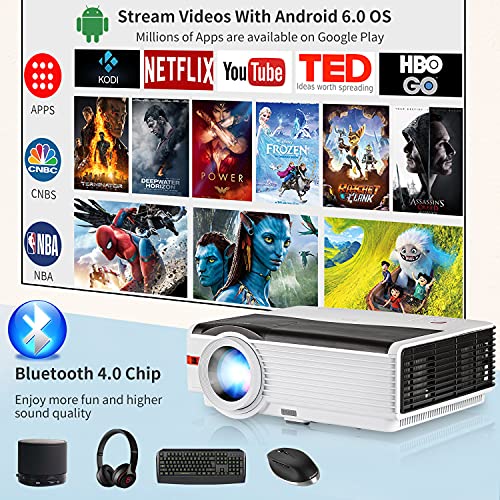 Bluetooth HD 1080P Video Projector 9000Lumen High Brightness Smart Android Home Theater System 200" Display Wireless TV Projectors for Mobile Phones Laptop, USB HDMI VGA 10W Speaker