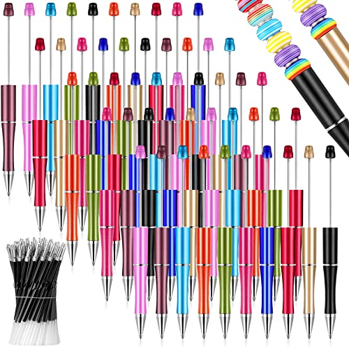 50 Pieces Plastic Beadable Pen Bulk Bead Ballpoint Pen Shaft Black Ink Beaded Pens with 50 Refills for DIY Making Gift Kids Students Office School Supplies (Bright Color)