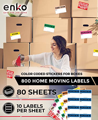 enKo - 2 x 3 Inch Extra Large Home Moving Packing Labels Stickers for Box - Color Coded for Boxes, Packing Box Fragile Stickers (800 Labels, 4 Bedroom House)