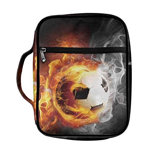 Coldinair Fire Flame Soccer Print Bible Cover Holders for Men Teens Kids Boys,Carrying Book Case Church Bag Bible Bags with Handle and Zippered Pocket