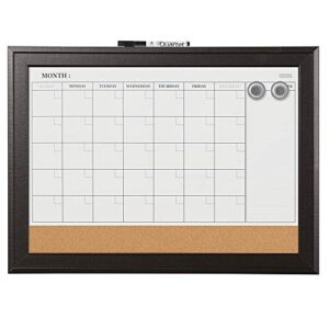 quartet combination magnetic whiteboard calendar & corkboard, 17″ x 23″ combo dry erase white board & cork bulletin board, perfect for office, home school message board, black frame (79275)