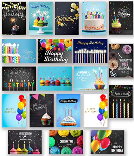 100 Happy Birthday Cards in Bulk with Envelopes, Stickers and Generic Birthday Greetings Inside – Large 5x7 Inches, 20 Unique Designs Notes, Thick Cardstock, Matte Finished in a Sturdy Box