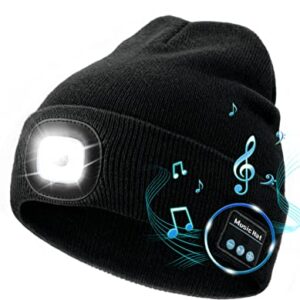 Unisex Bluetooth Beanie Hat with Light, Upgraded Musical Knitted Cap with Headphone and Built-in Stereo Speakers & Mic, LED Hat for Running Hiking, for Men Women Dad (Black)