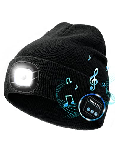 Unisex Bluetooth Beanie Hat with Light, Upgraded Musical Knitted Cap with Headphone and Built-in Stereo Speakers & Mic, LED Hat for Running Hiking, for Men Women Dad (Black)