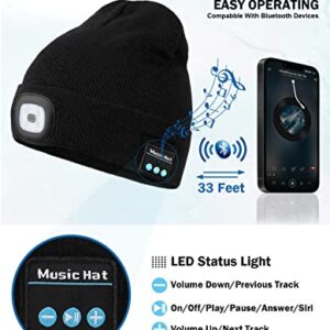 Unisex Bluetooth Beanie Hat with Light, Upgraded Musical Knitted Cap with Headphone and Built-in Stereo Speakers & Mic, LED Hat for Running Hiking, for Men Women Dad (Black)