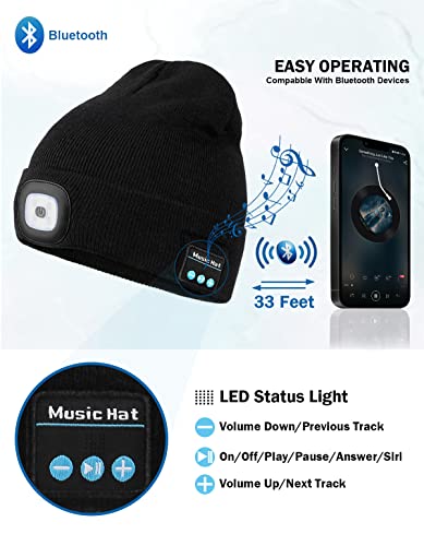 Unisex Bluetooth Beanie Hat with Light, Upgraded Musical Knitted Cap with Headphone and Built-in Stereo Speakers & Mic, LED Hat for Running Hiking, for Men Women Dad (Black)